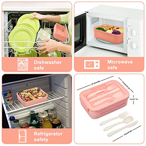 TGGDGG Bento Boxes for Adults - 1400 ML Bento Lunch Box for Kids Children with Spoon & Fork, Lunch Containers Durable with Compartments Sauce Container for On-the-Go Meal, Food-Safe Materials (Pink)