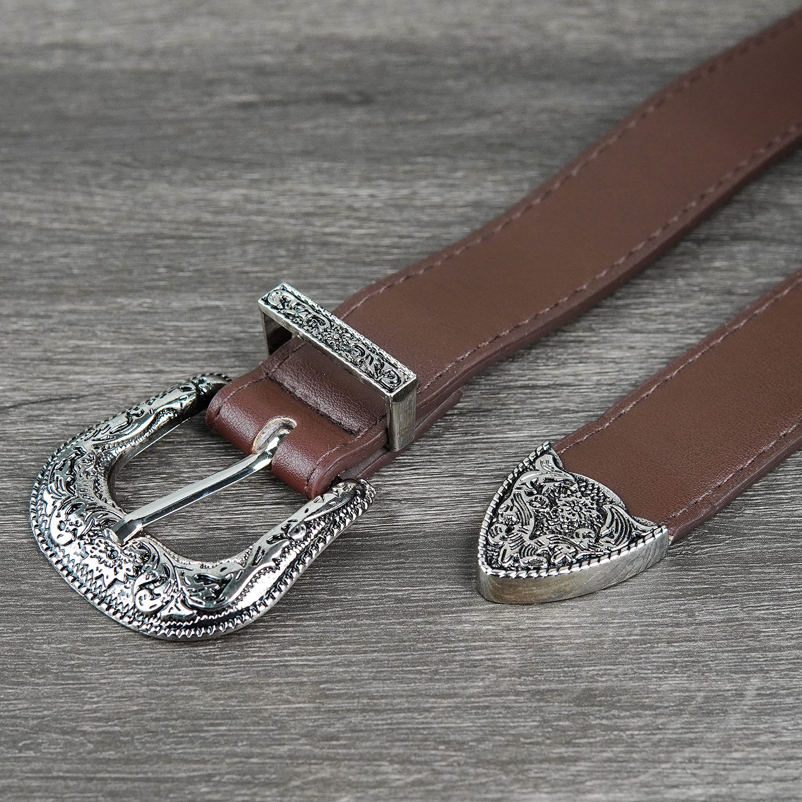 INOGIH Western-Leather-Belts-Women Vintage Waist-Belts with Hollow Out Flower Buckle