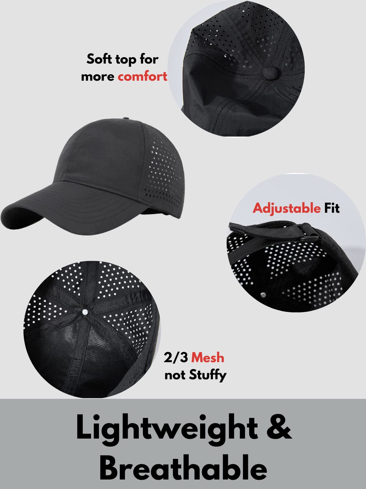 Oversize XXL Baseball Caps,Quick Dry Mesh Sports Hat for Big Heads 22"-25",Waterproof Lightweight Running Sun Hat. (Black)