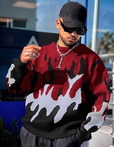 ZAFUL Mens Long Sleeve Flame Graphic Y2K Knit Sweaters Casual Oversized Sweater Pullover Wine Red XXL