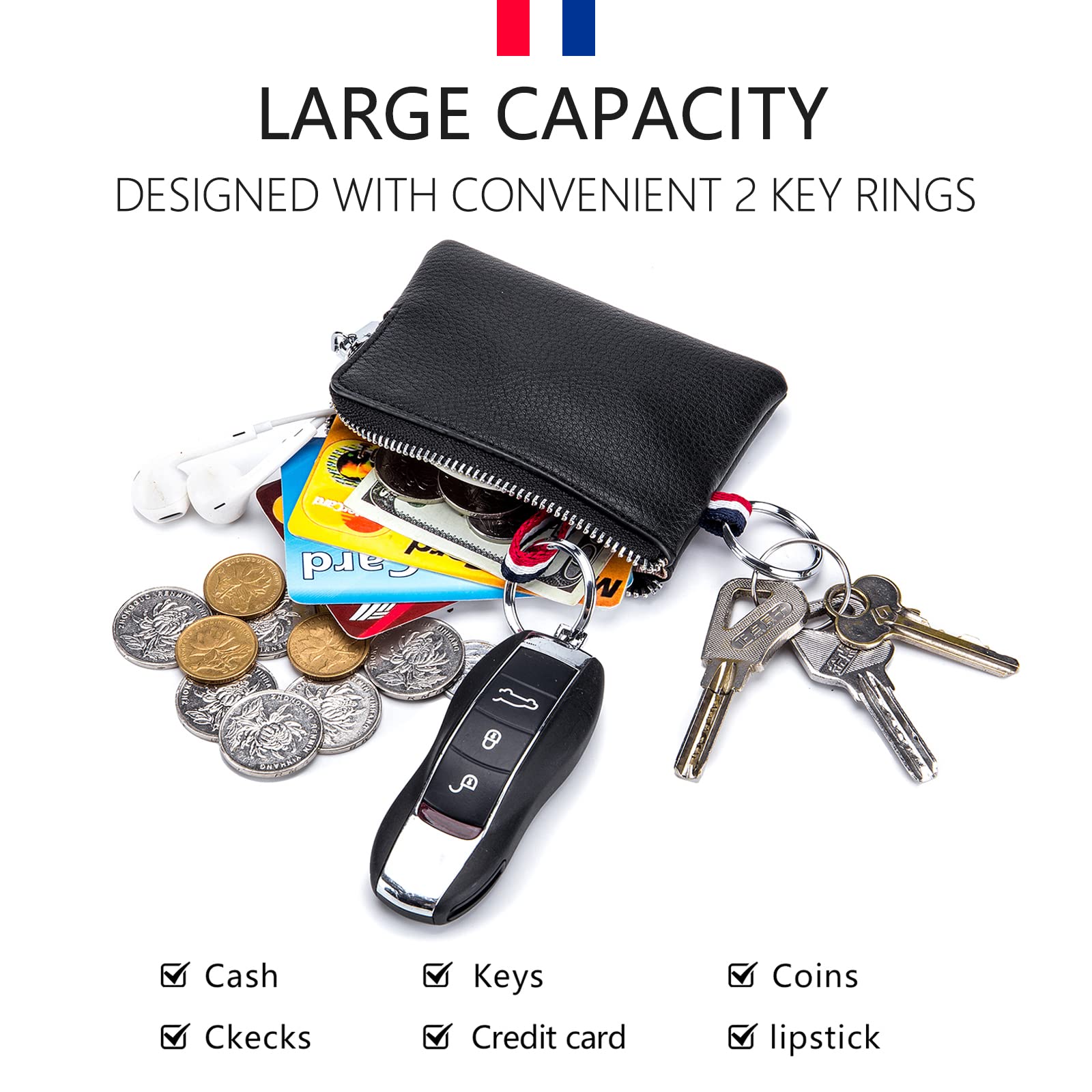 imeetu Leather Coin Purse Wallet, Mini Dual Keyrings Change Pouch Card Holder for Men Women (Black, standard)