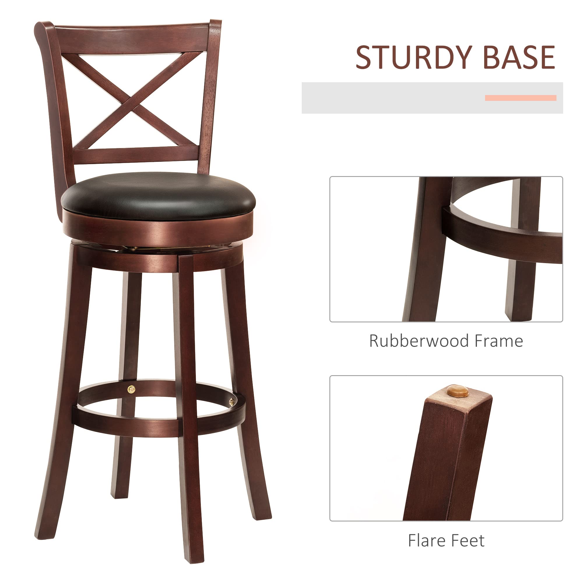 HOMCOM Swivel Bar Stool with Back, 31 Inch PU Leather Bar Height Stool, Farmhouse Barstool with Rubberwood Frame, Black