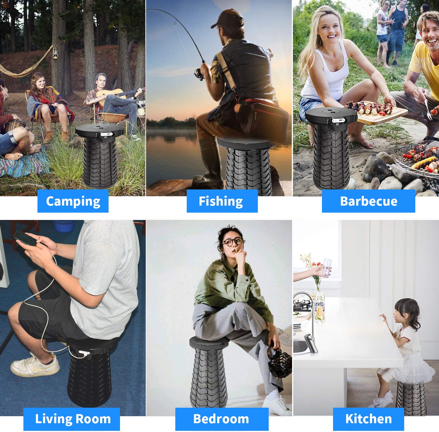 Heibond Upgraded Folding Stool with Power Bank Function, Max Load 400lbs Portable Retractable Stool with Cooling Towel, Survival Bracelet and Carabiner Clip, for Camping/Fishing/Hiking/Traving/BBQ