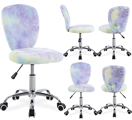 wangji Fuzzy Desk Chair, Comfy Armless Furry Fur Chair with Swivel, Pastel Rainbow Yellow & Blue
