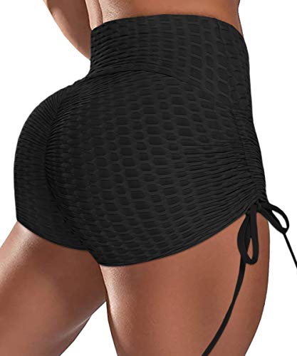 Jenbou High Waisted Booty Shorts for Women TIK Tok Butt Lifting Workout Shorts Anti Cellulite Textured Tights A-Black