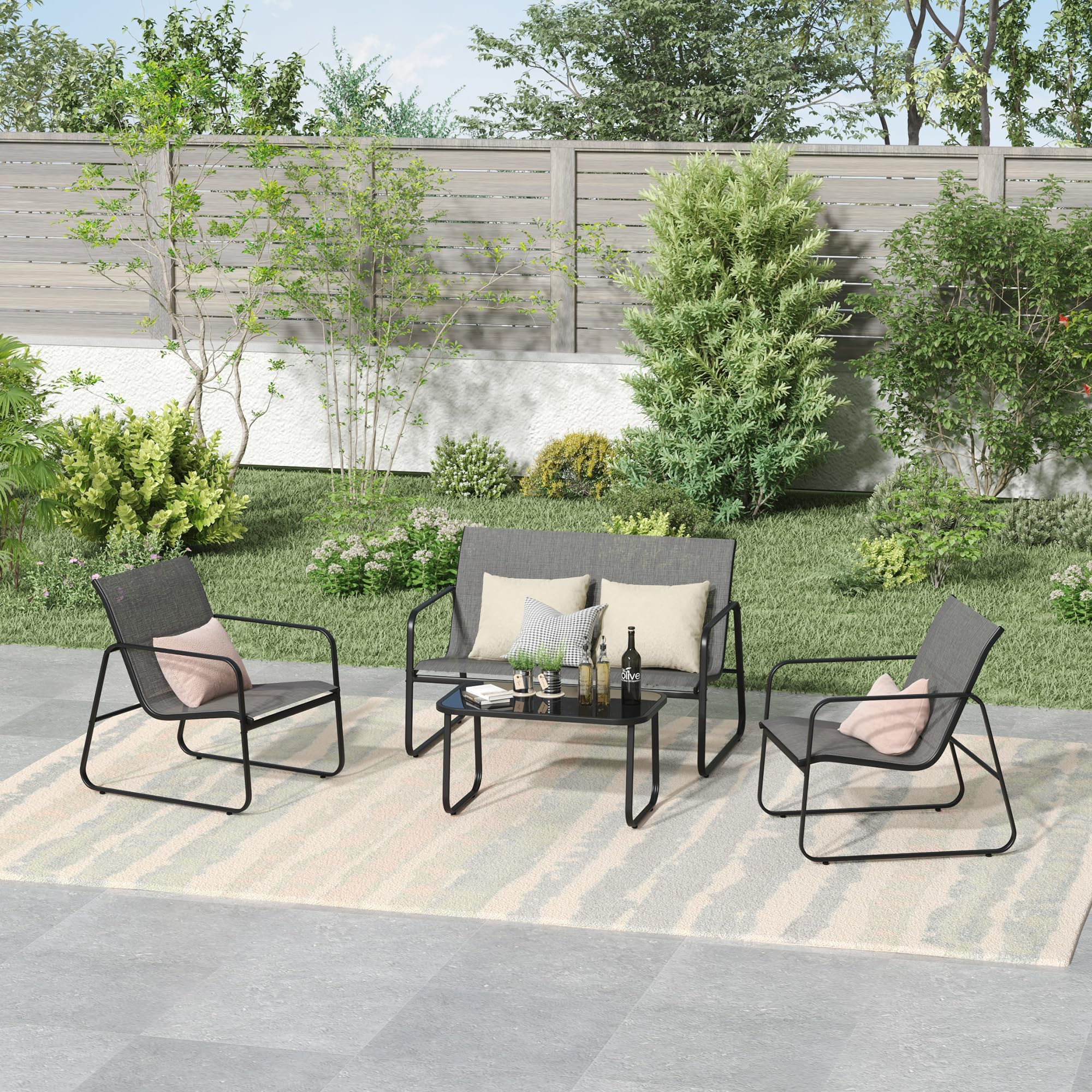 PIZZELLO 4 Pieces Outdoor Patio Furniture Textilene Modern Conversation Bistro Set with Loveseat Tea Table for Home, Lawn and Balcony