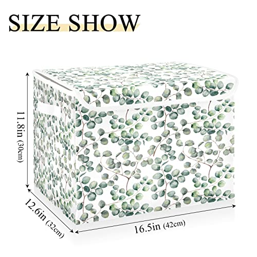 Quteprint Storage Bins with Lid, Eucalyptus Green Leaves Plant Storage Box Organizer Toys Bedroom Nursery, 16.5"x12.6"x11.8" Large Collapsible Storage Cube for Home Office Closet Shelf