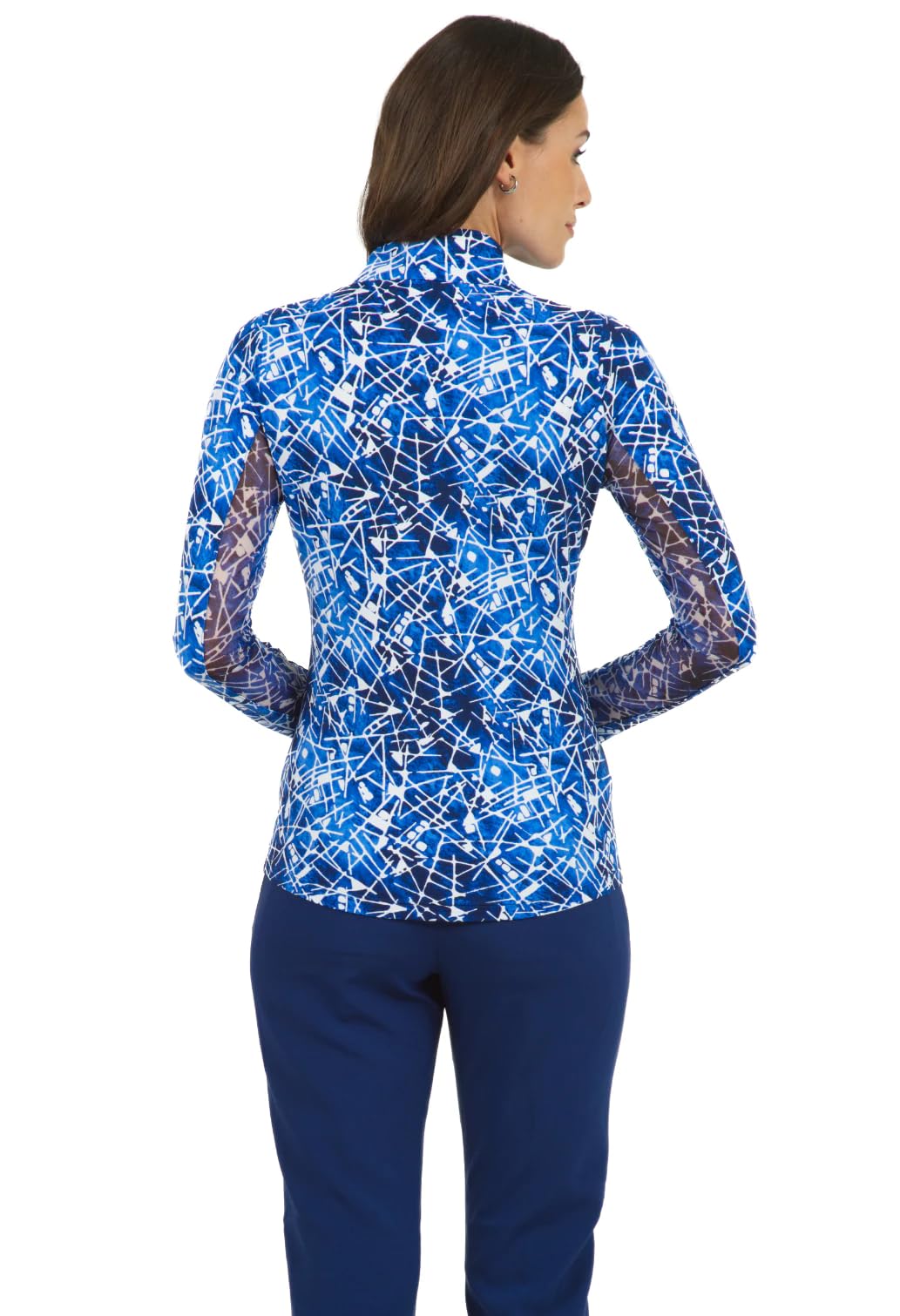 IBKUL Athleisure Wear Sun Protective UPF 50+ Icefil Cooling Tech Evie Print Long Sleeve Mock Neck Top - 10182 Watermelon/White Evie XXL