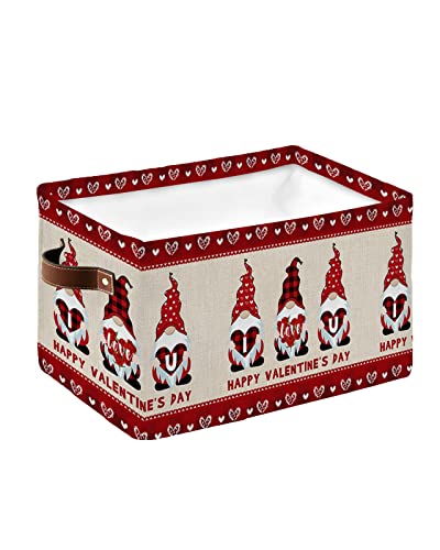 Valentine's Gnomes Storage Basket for Shelves, I Love You Gnomes on Burlap Textured Love Heart Roses Storage Cube Fabric Storage Bins, Closet Organizers with Handles for Book, Toys, 15x11x9.5 Inch