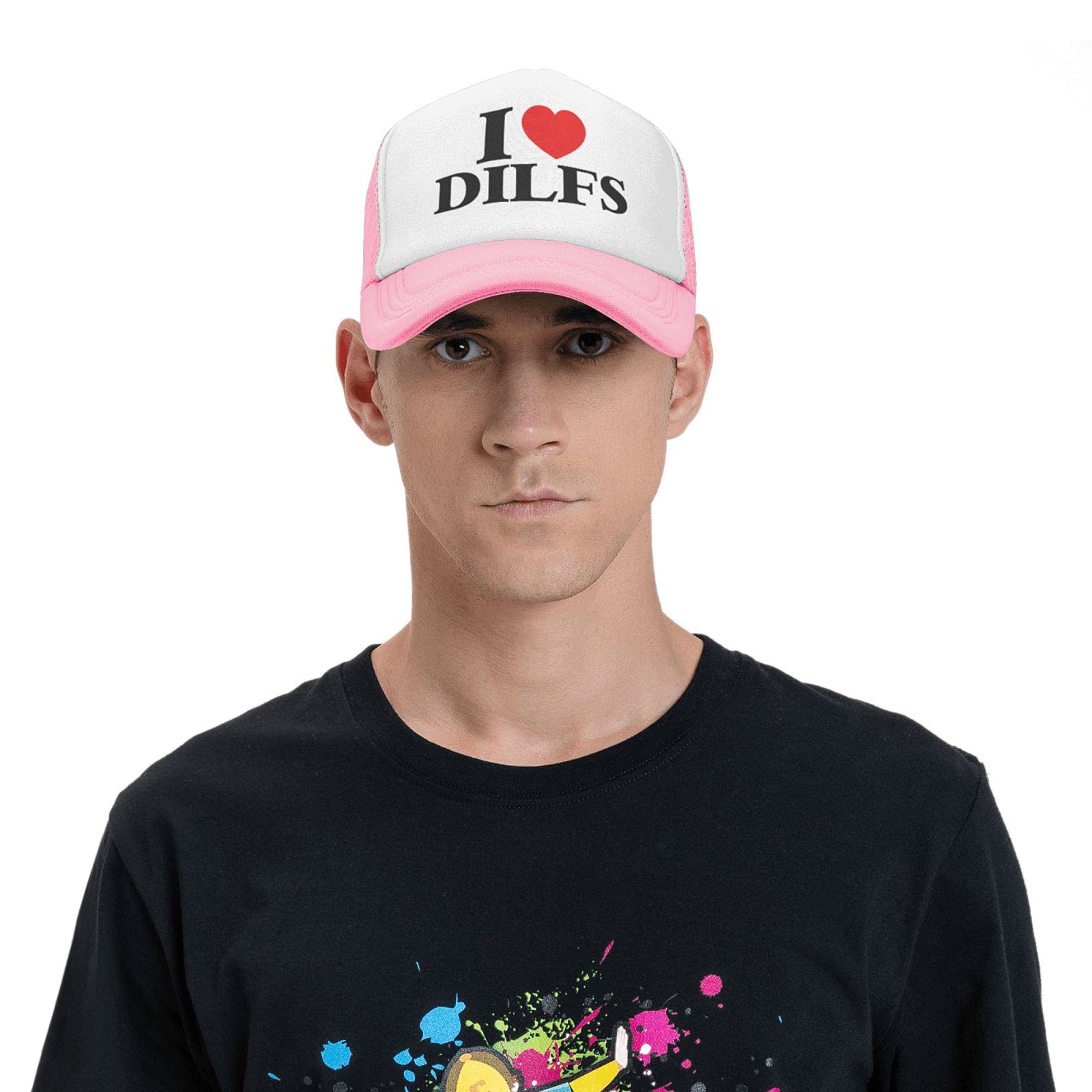 I Love Dilfs Trucker Hat for Men Women Mesh Baseball Cap Adjustable Lightweight Breathable Hat (Pink, OneSize)