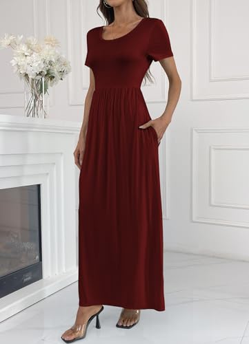 HAOMEILI Women's Short Sleeve Loose Plain Long Maxi Casual Dresses with Pockets L Wine Red