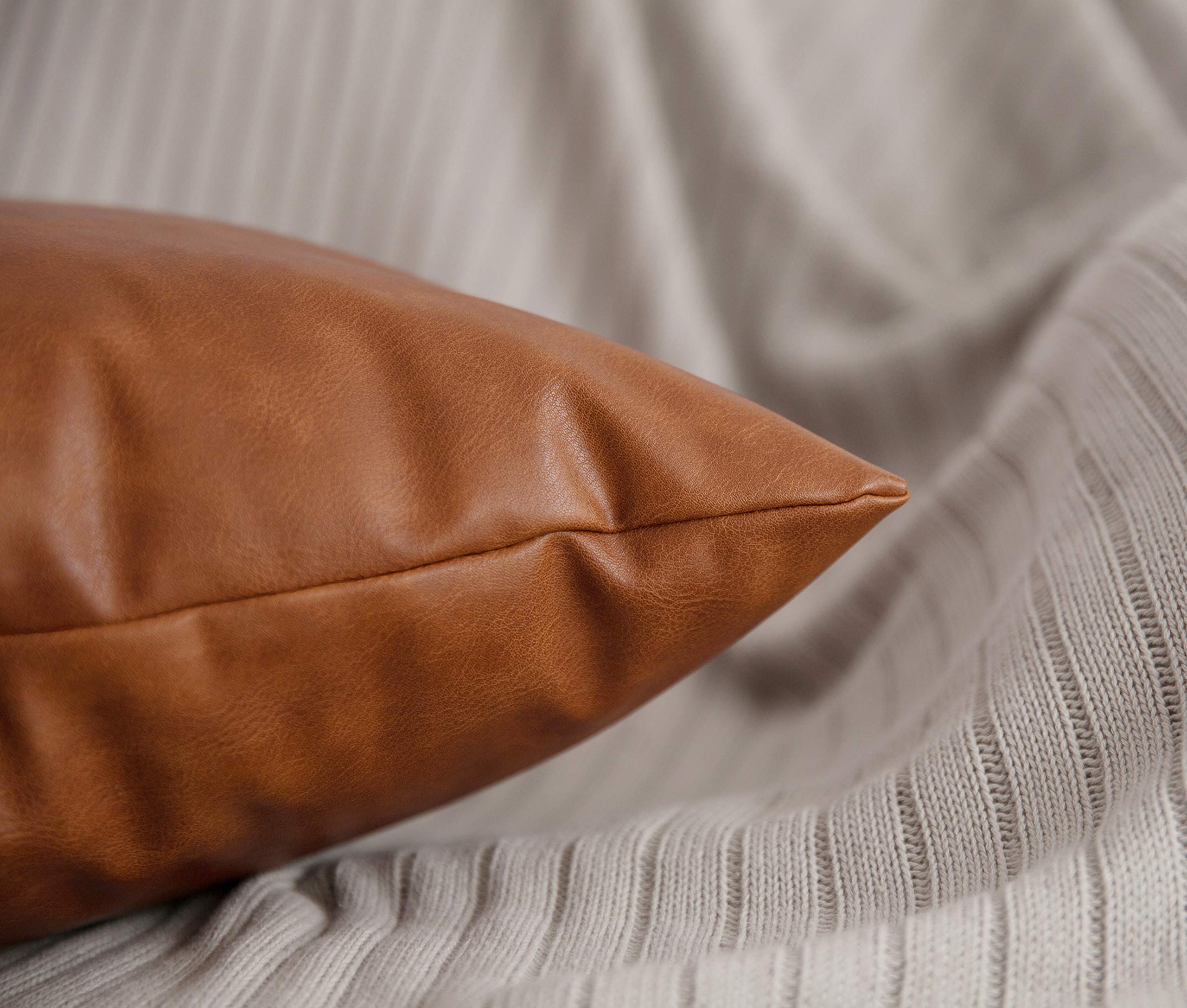 HOMFINER Faux Leather Throw Pillow Covers, 18 x 18 inch Set of 2 Thick Cognac Brown Modern Solid Decorative Square Bedroom Living Room Cushion Cases for Couch Bed Sofa