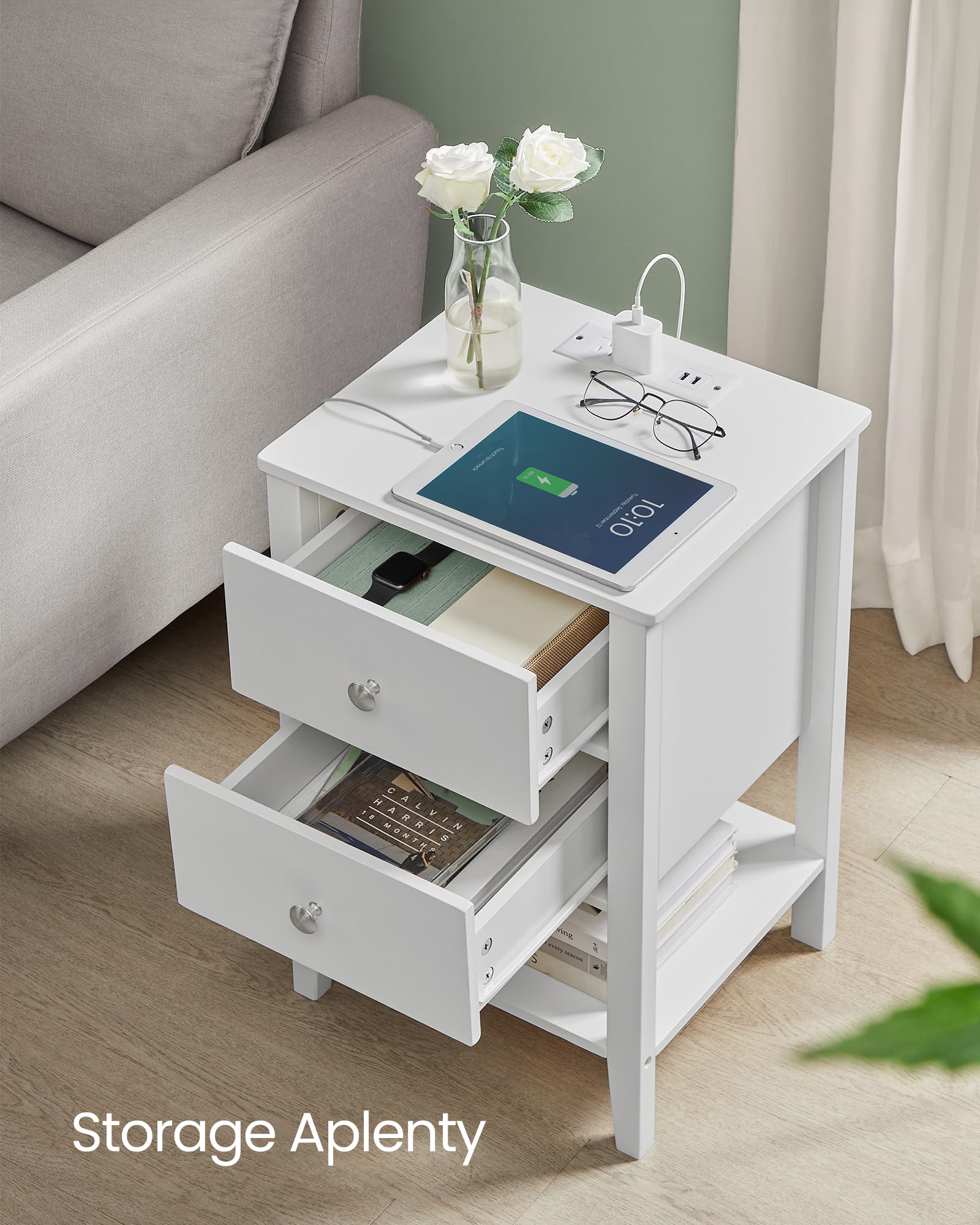 VASAGLE Bamboo Nightstand with Charging Station, Side End Table with 2 Drawers, Open Storage Shelf, Bedside Table, 2 USB Ports, 2 AC Outlets, Modern, for Bedroom, Cloud White ULET623W01V1