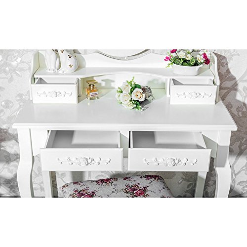 HEPMIMZHU Vanity Desk with Mirror and Lights and Drawers, Vanity Mirror with Lights Desk and Chair, Wood Makeup Vanity with Drawers & Shelves, Cushion Stool, for Bedroom (White6)