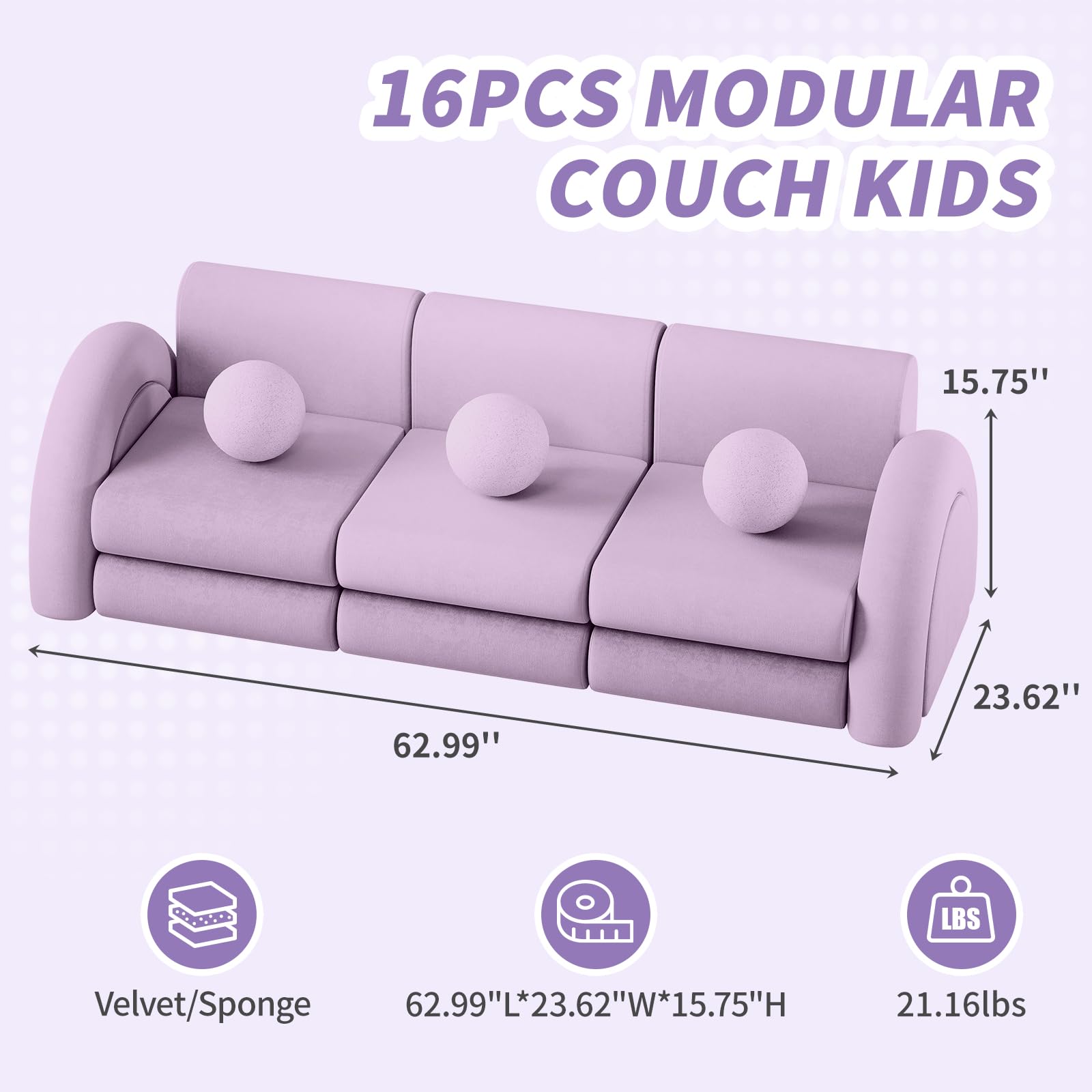 wanan Modular Kids Play Couch, 16PCS Kids Couch with Balls and Tunnel, Kids Couch for Playroom and Bedroom, Kids Modular Couch for Playing, Creativing, Modular Couch Kids (Blueberry)