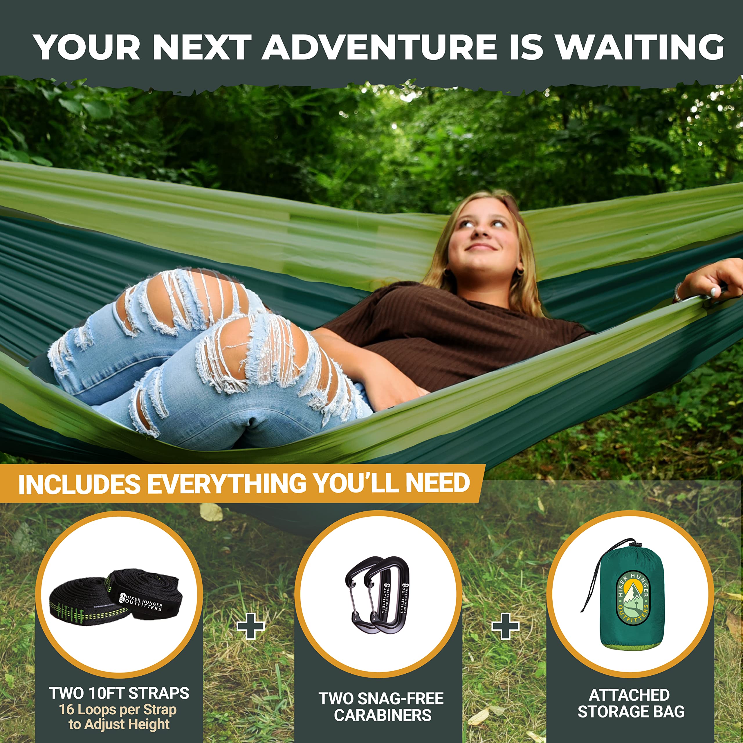 Hiker Hunger, 2 Person Hammock, Camping Hammock, Portable Hammock, Travel Hammock, Double Hammock w/Tree Straps & Carabiners, Perfect Kids Hammock