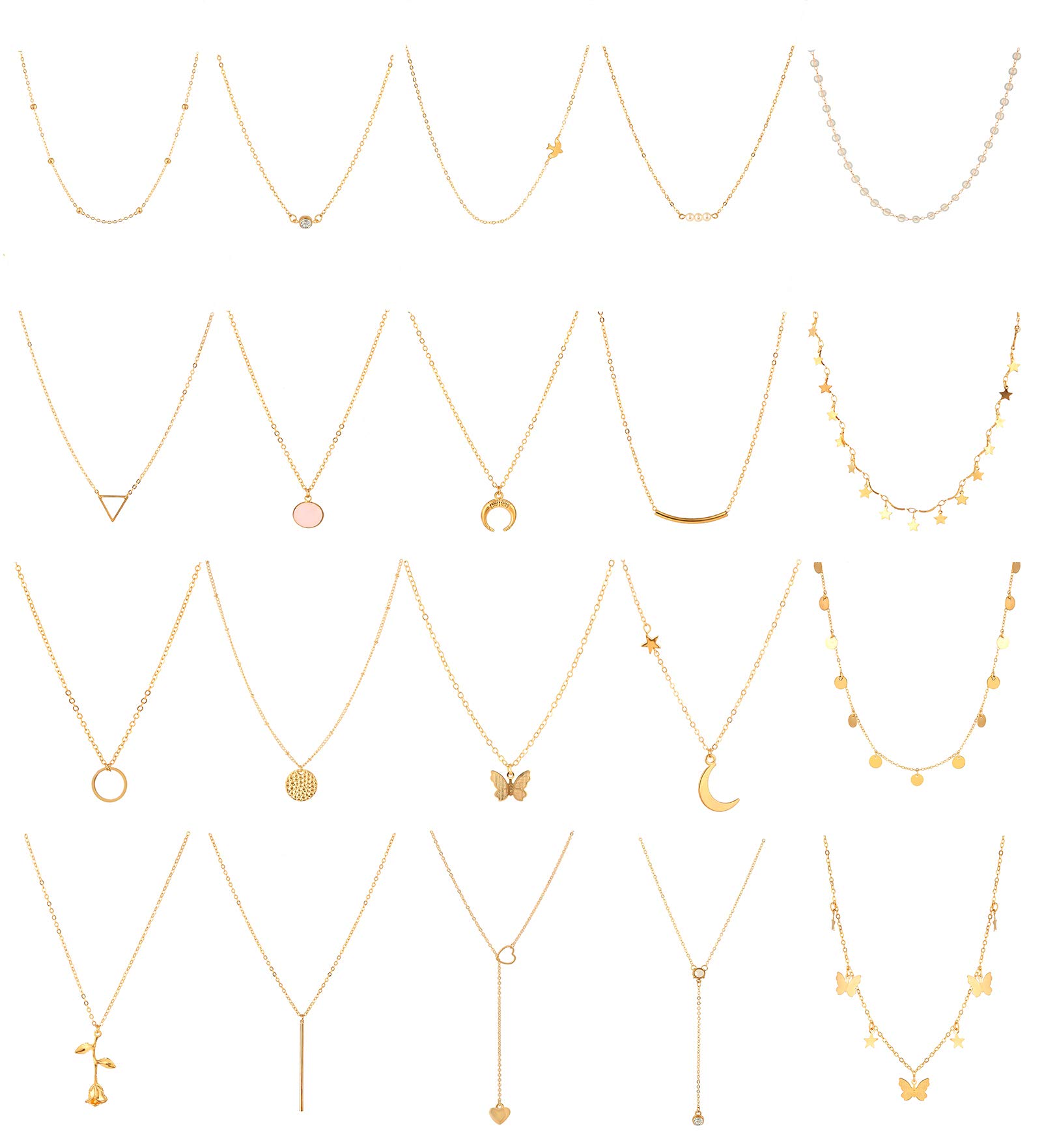 Honsny 20PCS 14K Gold Plated Choker Necklaces for Women, Dainty Gold Diamond Coin Pearl Pendant Simple Chain Necklace Set Cute Gold Layered Necklaces for Women Teen Jewelry Gifts