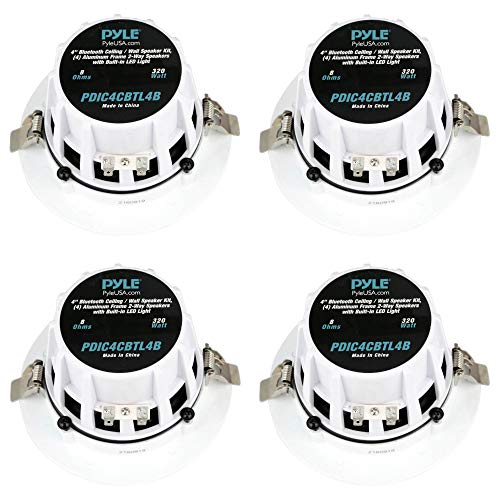 Pyle 4β Pair Bluetooth Flush Mount In-wall In-ceiling 2-Way Home Speaker System Built-in LED Lights Aluminum Housing Spring Clips Polypropylene Cone & Tweeter 4 Ch Amplifier 320 Watts (PDIC4CBTL4B)