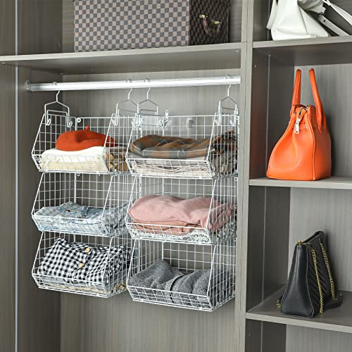X-cosrack 6 Tier Closet Hanging Organizer, Clothes Hanging Shelves with 4 Hanging Hooks 5 S Hooks, Wire Storage Basket Bins, for Clothing Sweaters Shoes Handbags Clutches Accessories Patent Design