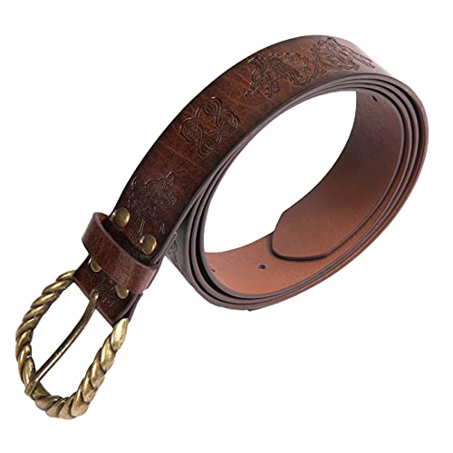 HiiFeuer Viking Fenrir Embossed Faux Leather Buckle Belt, Medieval Knight Belt (Brown)