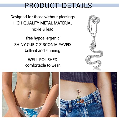 Jstyle 7Pcs Clip on Belly Button Rings Fake Belly Ring for Women CZ Dangle Belly Button Rings Snake Heart Non Piercing Jewelry