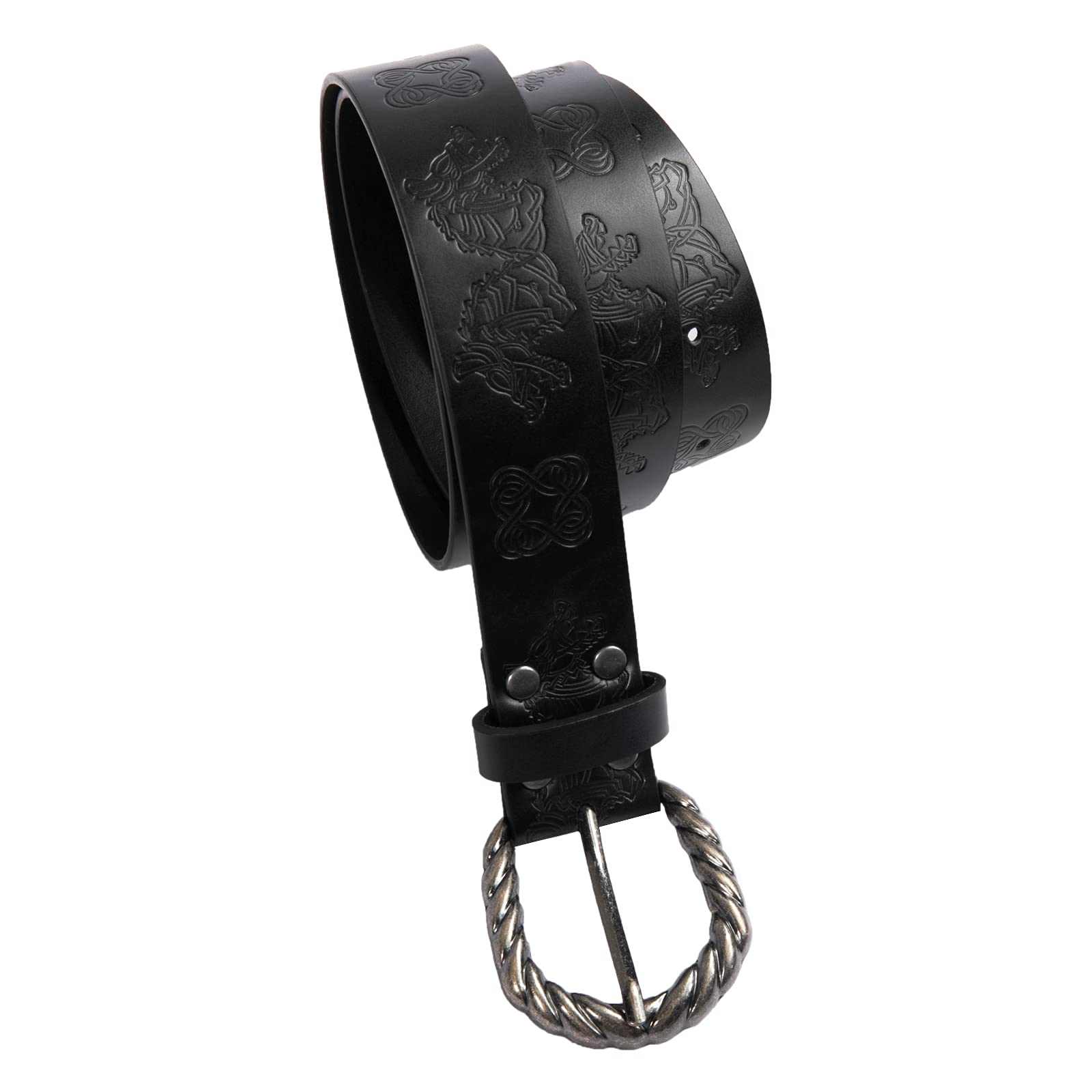 HiiFeuer Viking Fenrir Embossed Faux Leather Buckle Belt, Medieval Knight Belt (Black)