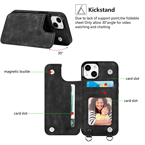 ZTOFERA Wallet Case for iPhone 13,iPhone 13 Case with Crossbody Adjustable Strap Lanyard,Leather Card Holder Shockproof Protective Cover with Stand for iPhone 13,6.1 inch-Black