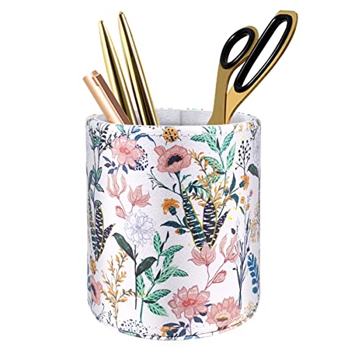 WAVEYU Pen Holder for Women Girls, Decorative Pencil Organizer, Makeup Brush Holder, Leather Multi-Functional Organizer for Office, Home, Classroom, White Flower