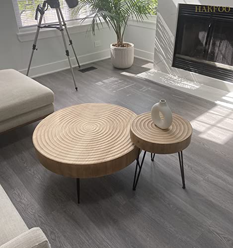 Uspeedy 2-Piece Farmhouse Wooden Coffee Table Set,Boho Coffee Table,Living Room Round Coffee Table Set,Nesting Table Round Wooden Finish with Ring Motif (Wood 1)