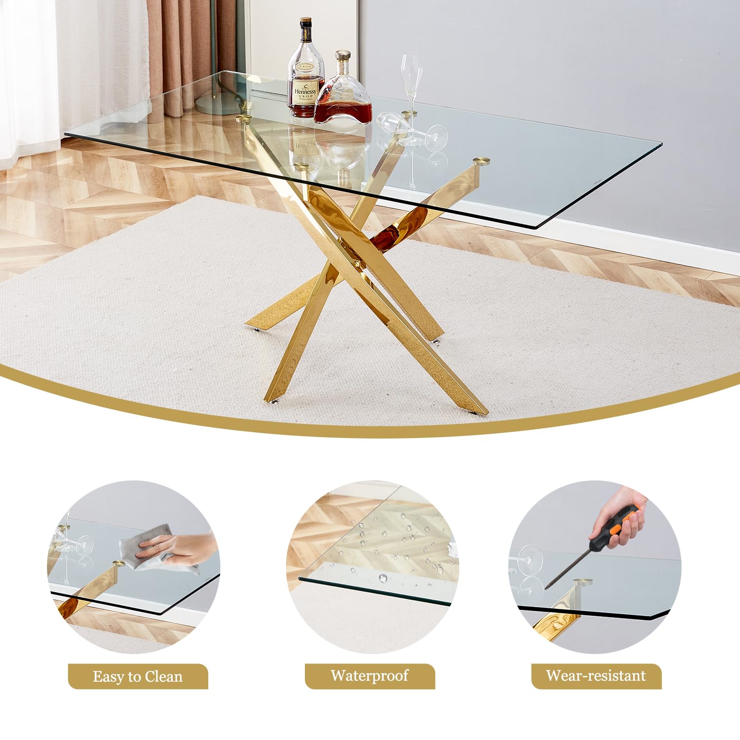 HAIZAO Dining Table Set for 4, Modern Rectangular Tempered Glass Top Table and PU Leather Chairs for Dining Room, Living Room, Kitchen, Plain Back, White with Gold Base
