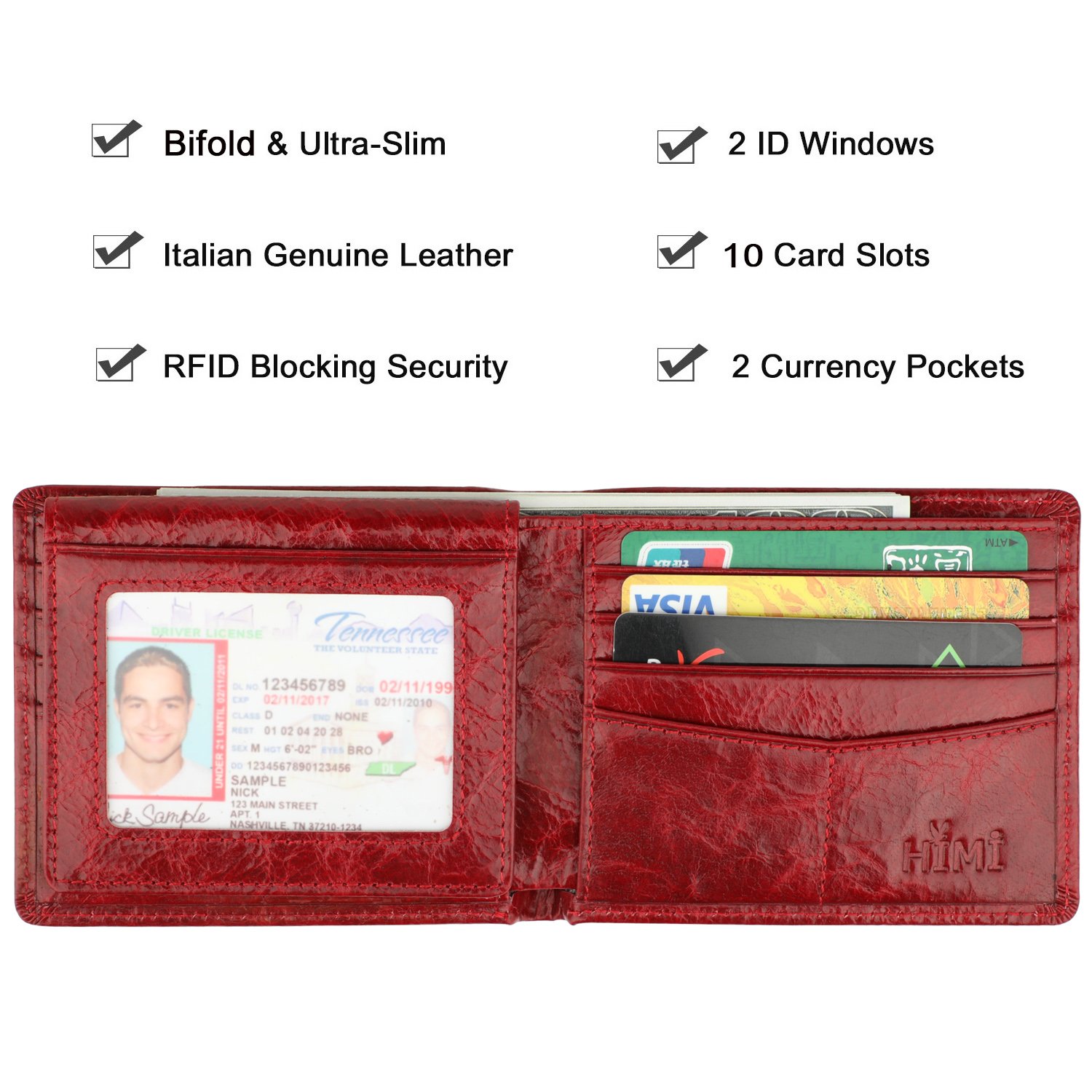 HIMI Wallet for Men-Genuine Leather RFID Blocking Bifold Stylish Wallet With 2 ID Window (Red)