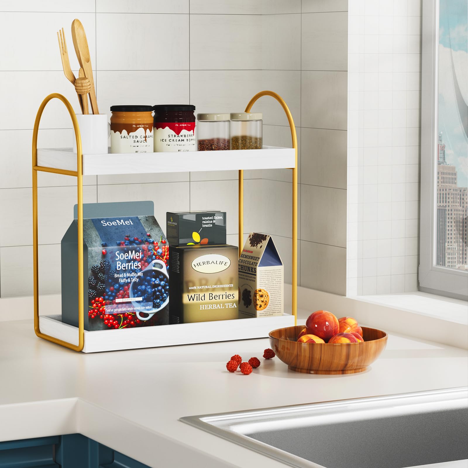 Xeapoms Bathroom Organizer Countertop, 2-Tier Simple Design Bathroom Counter Organizer, Wood Bathroom Tray for Vanity Organizer, Easy Assembly Kitchen Bathroom Countertop Organizer, White-Gold
