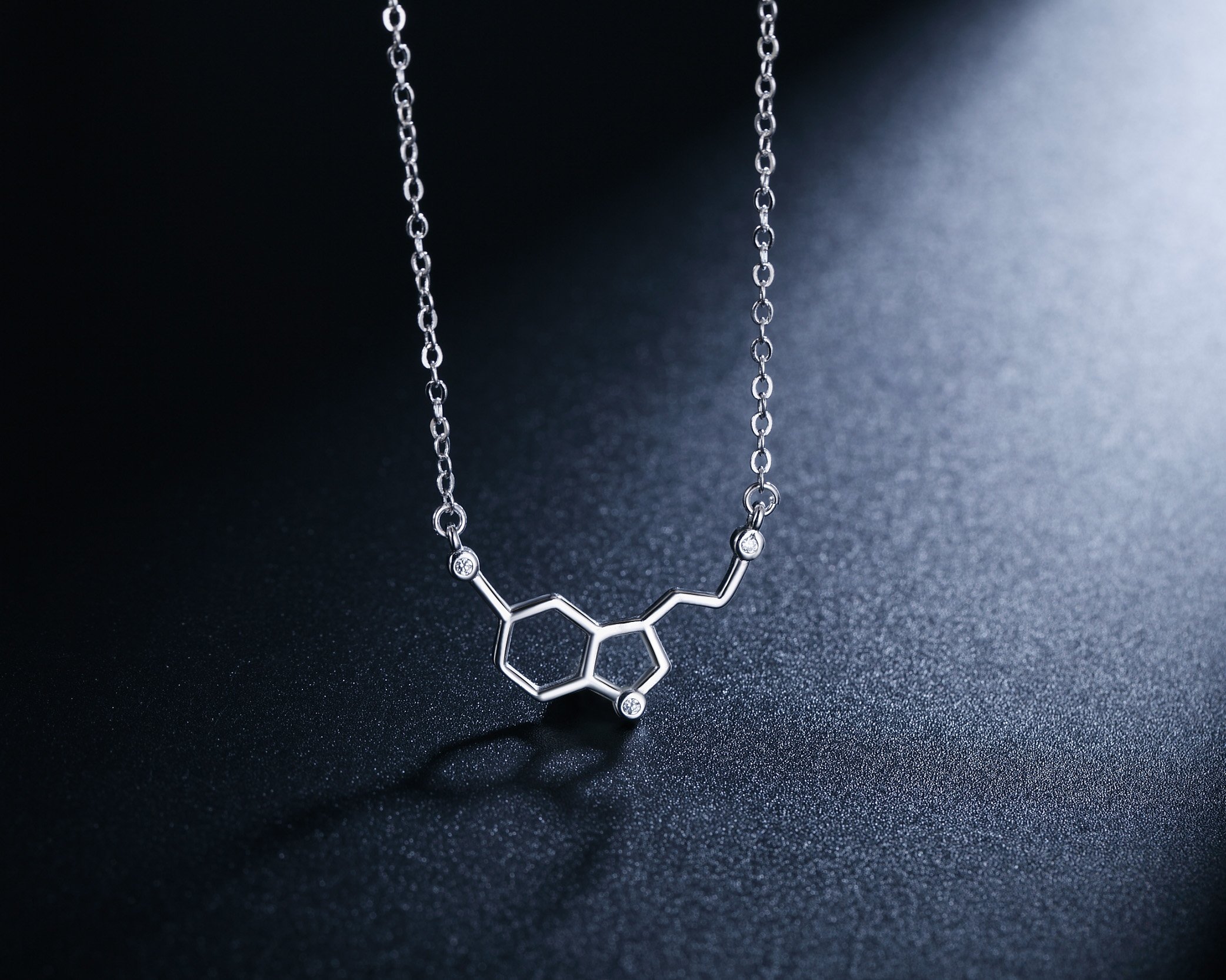 Happiness Serotonin Molecule Necklace With Gems For Women, Ideal Necklaces For Teacher, Professor, Chemistry Grad, And Science Jewelry Lovers (White)