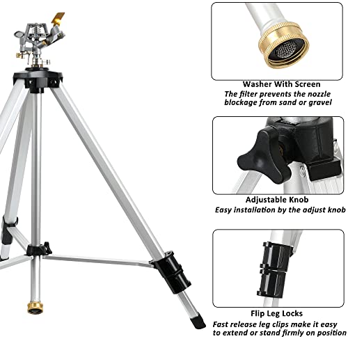 STYDDI Heavy Duty Impact Sprinkler on Tripod Base, Extra Tall Metal Pulsating Telescoping Tripod Sprinkler for Large Area, Yard, Lawn, Garden, Waters up to 90 Ft. Diameter, Legs Extends Up to 50-inch
