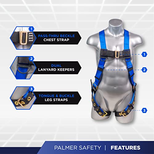Palmer Safety Full Body Construction Harness with 5 Point Adjustment, 1D-Ring, Grommet Legs, and Fall Indicators I OSHA ANSI Roofing Tool Personal Equipment (Blue - Universal) 1D - Universal
