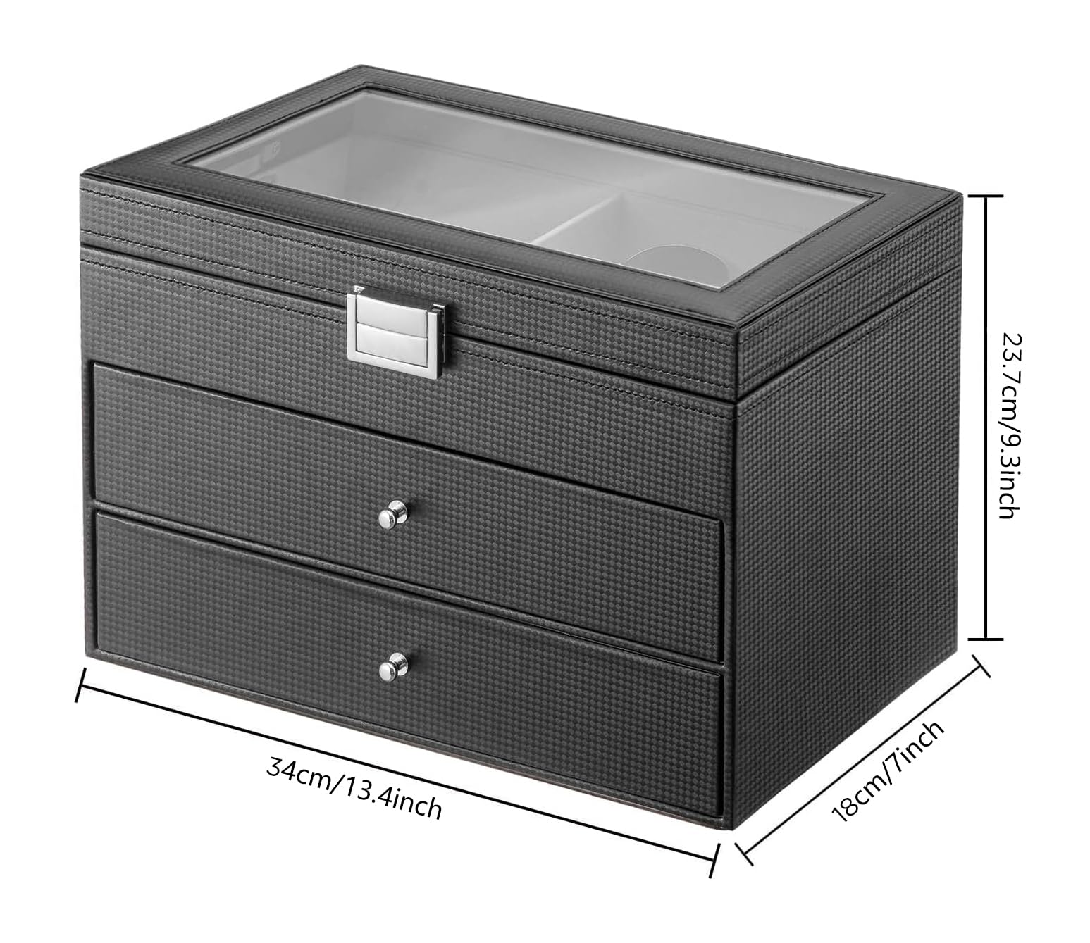 Oyydecor Sunglasses Organizer for Women Men, 3-layer 18 Slots Glasses Case Sunglass Eyeglasses Collector Eyewear Display Storage Box with Drawer Clear Glass Top, Carbon Fiber, Black