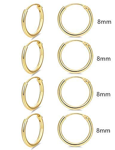 Hoop Earring 14K Gold Plated S925 Sterling Silver Endless Hoop Earring Set for Women Men 8mm-12mm (4 pairs 14K gold 8MM)