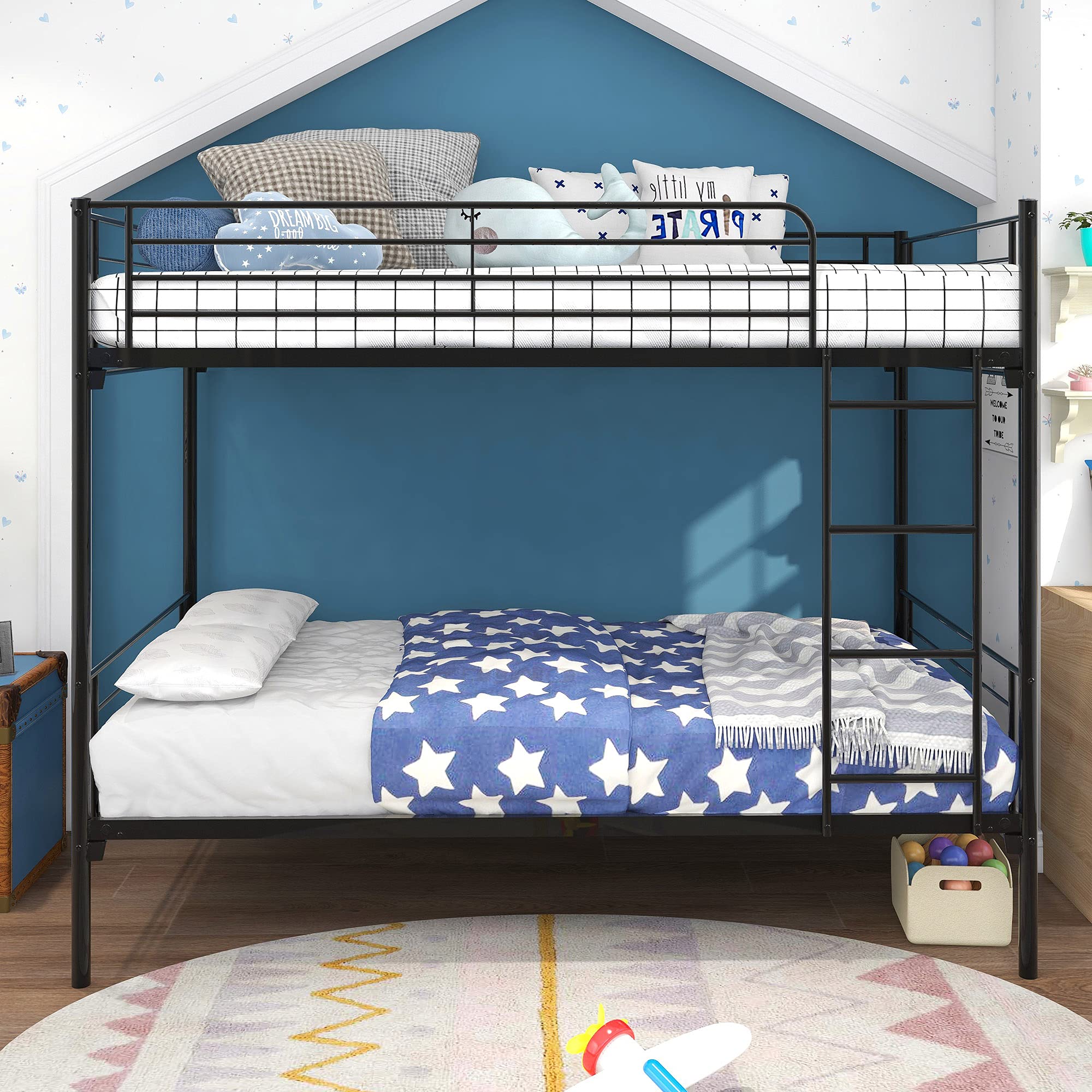 HAUSHECK Metal Bunk Beds Twin Over Twin Size, Bed Frame with Removable Ladder & Enhanced Upper-Level Guardrail, Space-Saving, No Box Spring Needed, Heavy Duty Sturdy Frame for Junior & Adults