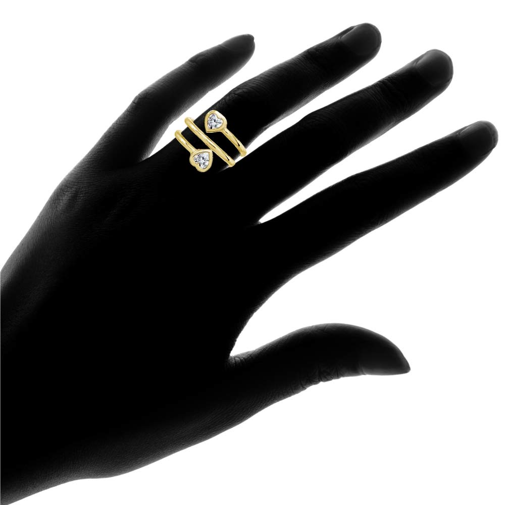 Hoops & Loops Yellow Gold Flashed Sterling Silver Cubic Zirconia Heart Two Stone Spiral Wrap Around Polished Statement Ring, Size 5