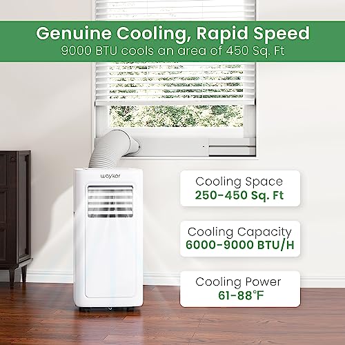 Waykar 9,000 BTU Portable Air Conditioner up to 450 Sq. Ft with Dehumidifier and Fan Mode, 3-in-1 Room AC with Drain Hose, 24Hrs Timer, Installation Kit for Home Office