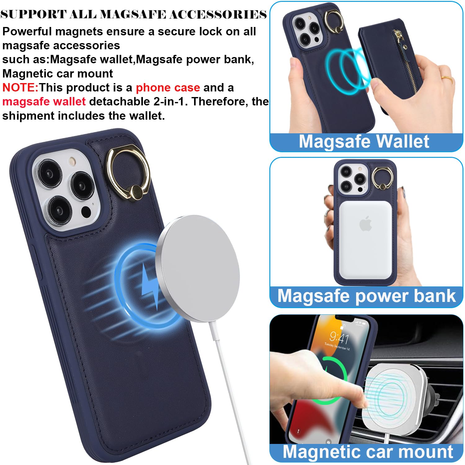 Havaya for iPhone 14 pro Case with Card Holder iphone 14 pro phone case magsafe compatible for women leather zipper phone wallet detachable 2-in-1 magnetic for men-Blue