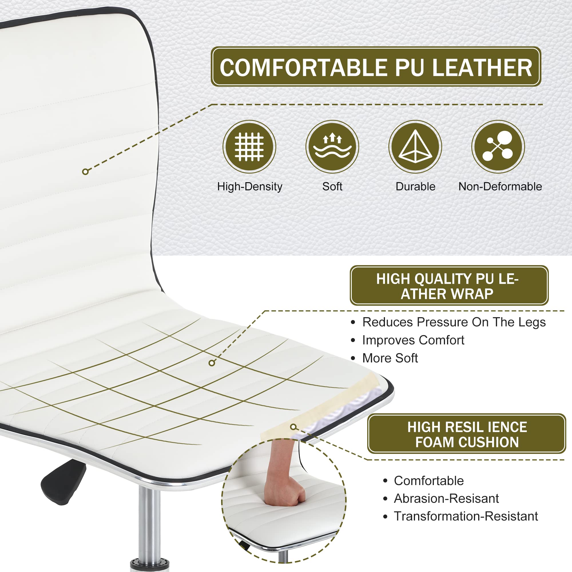 Home Office Desk Chair Height Adjustable PU Leather Vanity Makeup Chair 360° Swivel Rolling Computer Chair Modern Executive Low Back Task Chair with Armrest & Wheel for Office Makeup Room, Grey