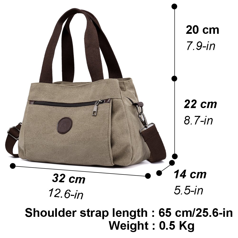 Hiigoo Women's Casual Totes Bag Shoulder Bag Canvas Handbags 3-open Crossbody Bag Messenger Bag (Khaki)
