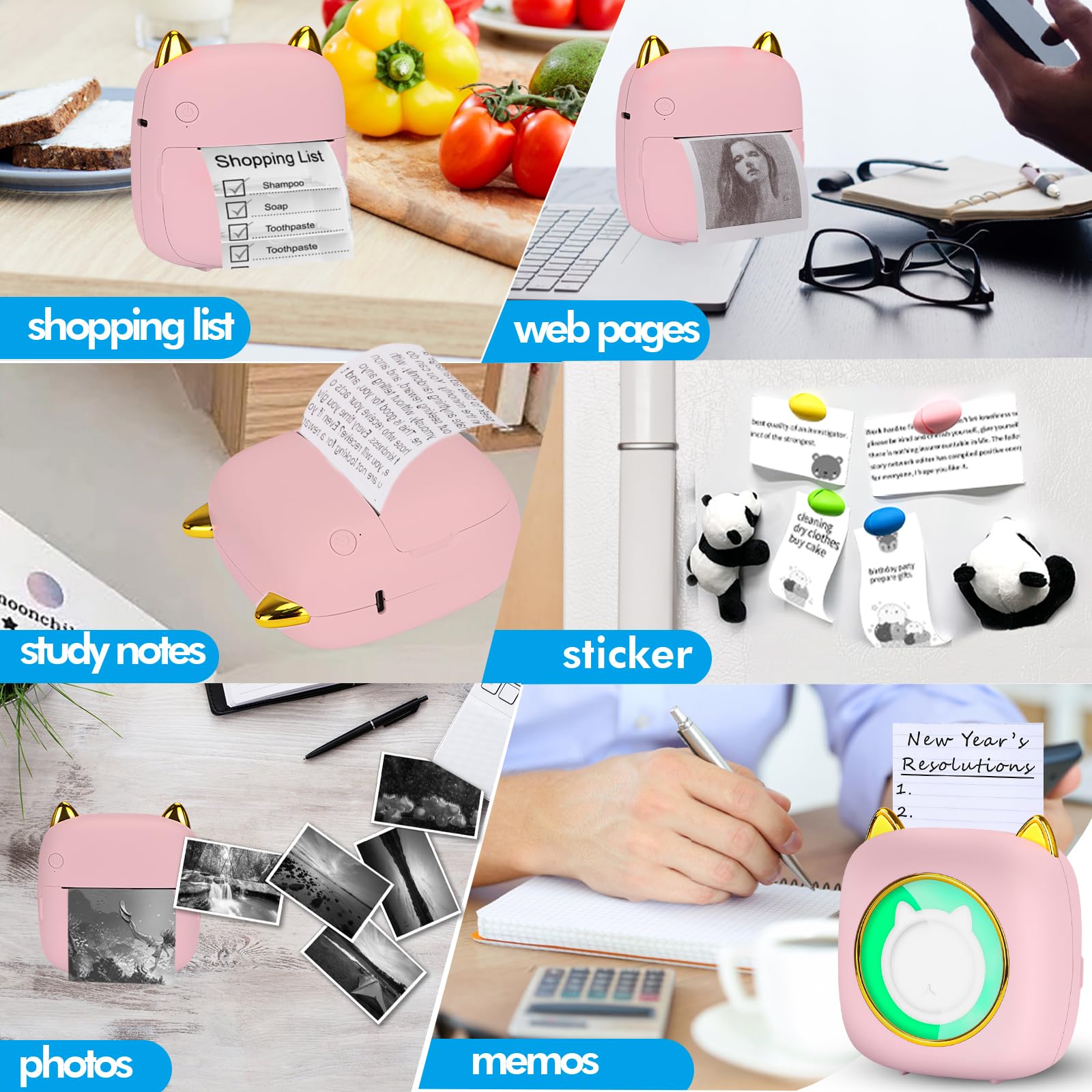 HuiJuKeJi Mini Inkless Sticker Printer Bluetooth Smart Pocket Thermal Printer with 10 Rolls Thermal Paper and 5 Pens, Sticker for iOS&Android, Portable Receipt Printer for Photo Journal Notes Memo