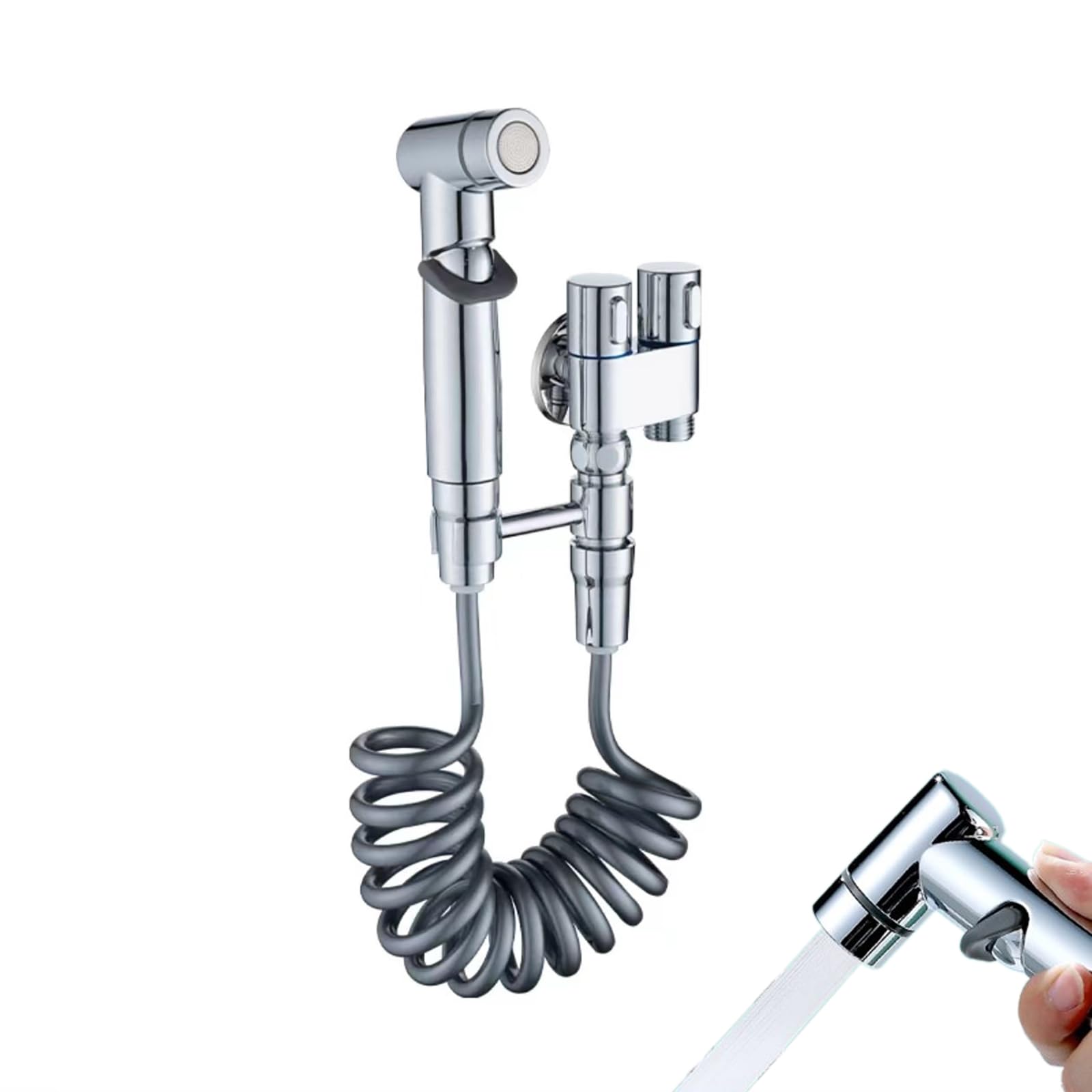 Handheld Bidet Sprayer for Toilet,1-In-2-Out Dual Control Valve,Mini Toilet Faucet Sprayer Kit Butt Washer,Hand Shower Bidet Attachment for Washing Machine and Toilet (Silver)