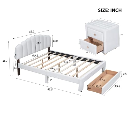 HBRR Queen Size Bed Frame with Drawer, Upholstered Smart Platform Bed with 2-Drawers Nightstand and USB Ports, Strong Wood Slats Support, No Box Spring Needed, Teddy Fleece, White