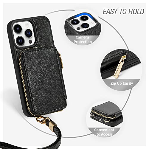 ZVE iPhone 14 Pro Crossbody Wallet Case, Card Holder Zipper Phone Case with Wrist Strap, RFID Blocking Leather Purse Gift for Women Compatible with iPhone 14 Pro, 6.1 inch, 2022-Black