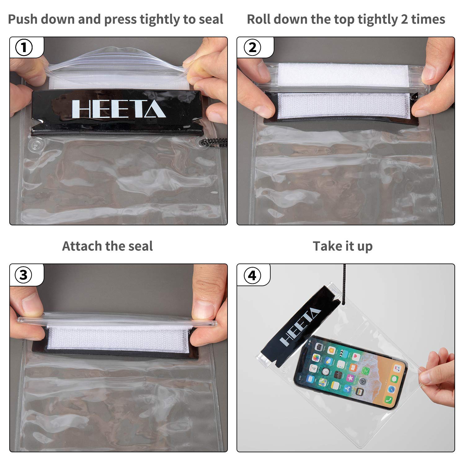 HEETA Waterproof Pouch, Screen Touch Sensitive Waterproof Bag Black & White L Bundle with 5-Pack Clear Waterproof Dry Bag