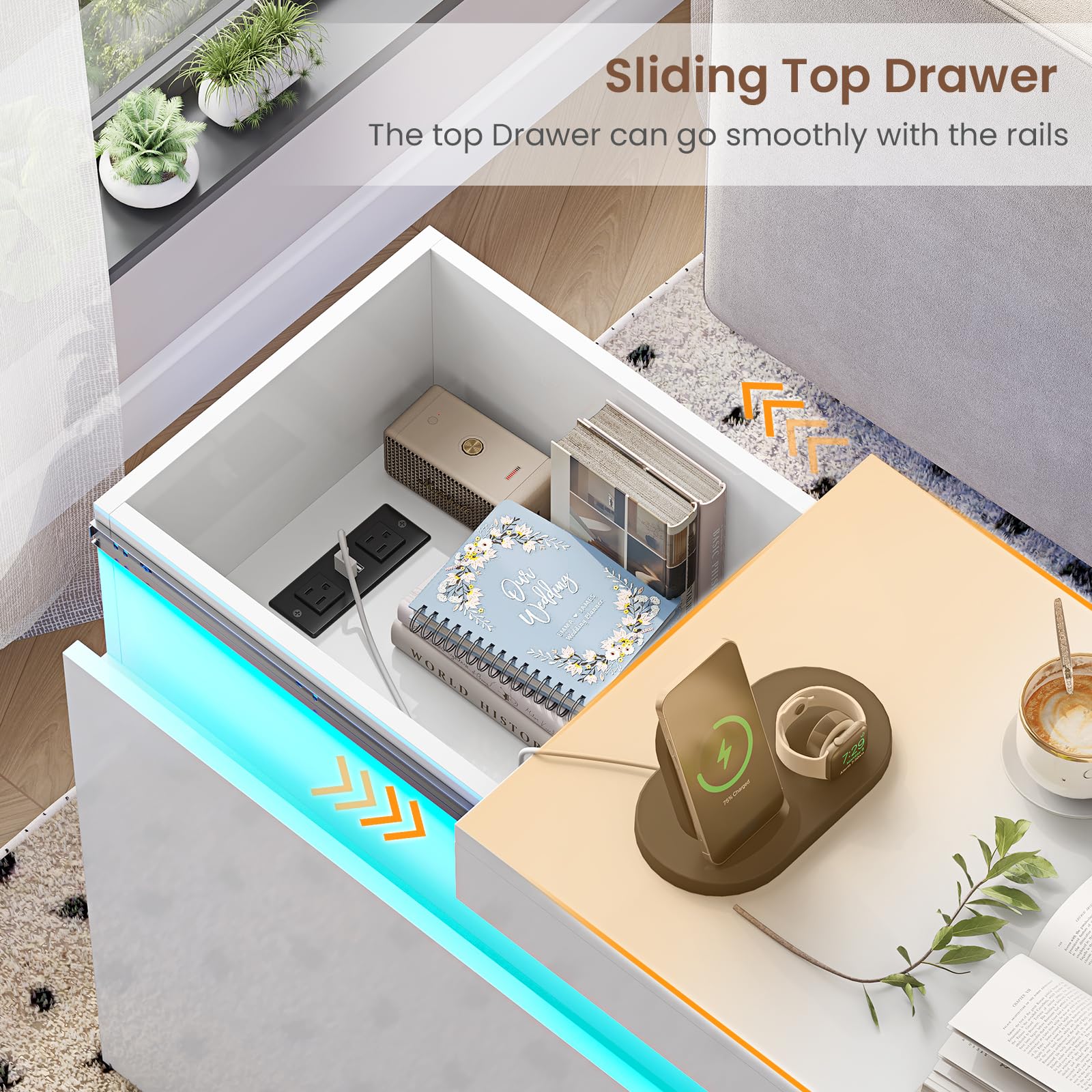 SEDETA End Table with Charging Station, Narrow Side Table with Sliding Top Storage for Small Spaces, Nightstand with Storage Shelves and LED Lights for Bedroom, Bedside Table for Living Room, White