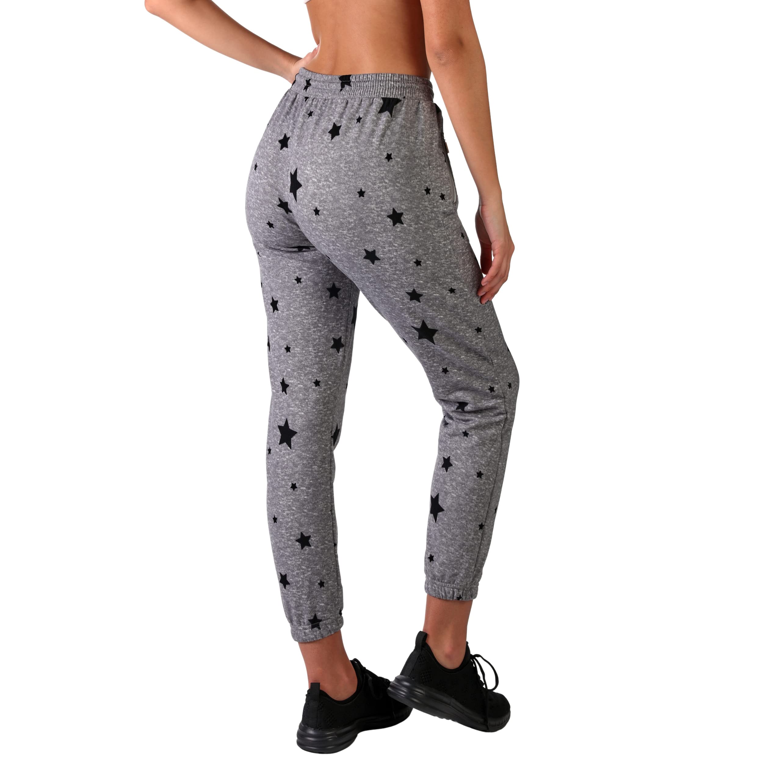 Indero Women's Soft Star Joggers Gray Active Sweatpants with Pocket Relaxed Fit - Heather Grey Black Stars L XL